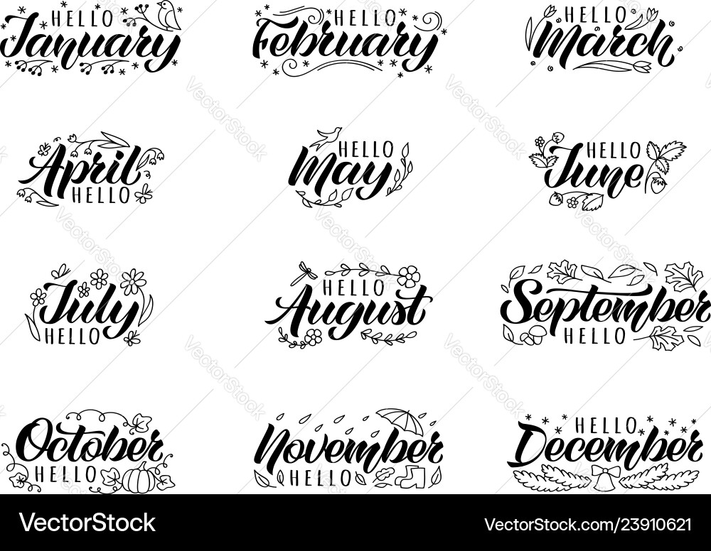Hand drawn lettering names of months and doodles Vector Image