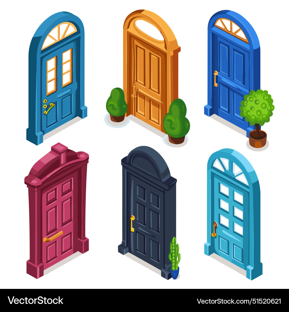 Six colorful isometric doors design unique Vector Image