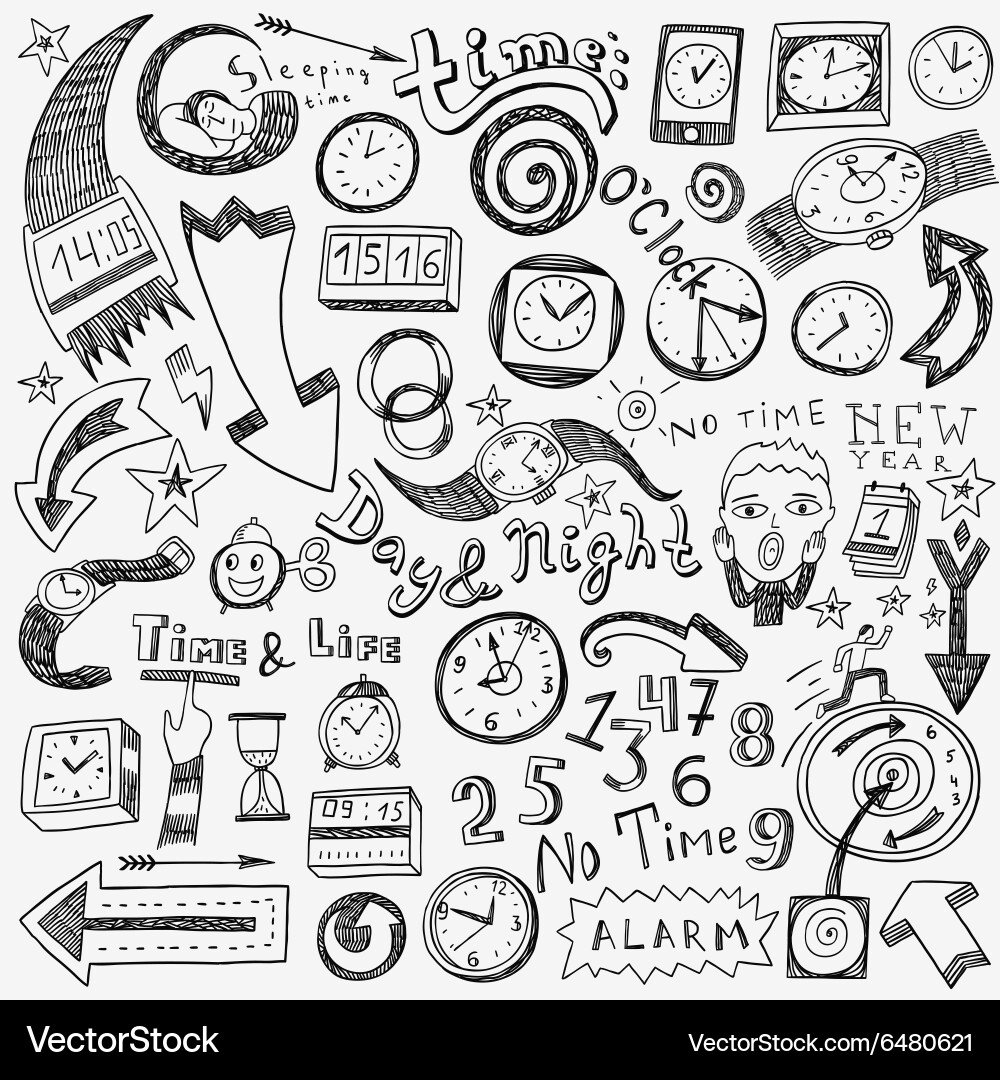 Time clock doodles Royalty Free Vector Image - VectorStock