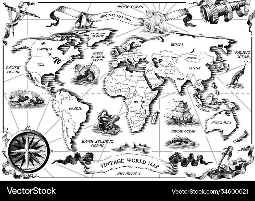 Vintage old world map hand draw engraving style Vector Image