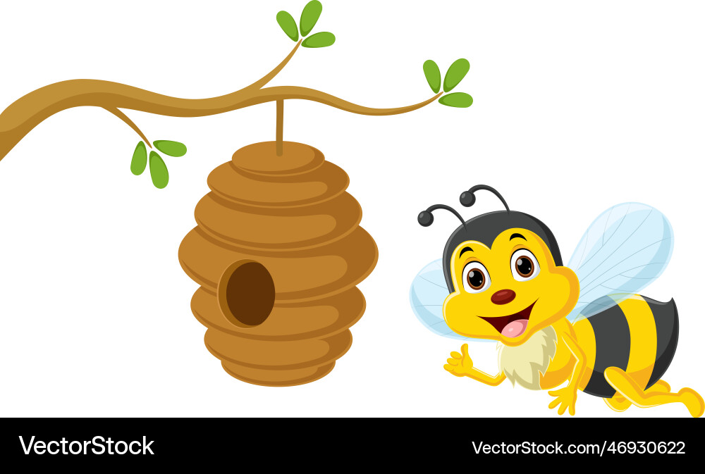 Cute little bee cartoon with beehive Royalty Free Vector