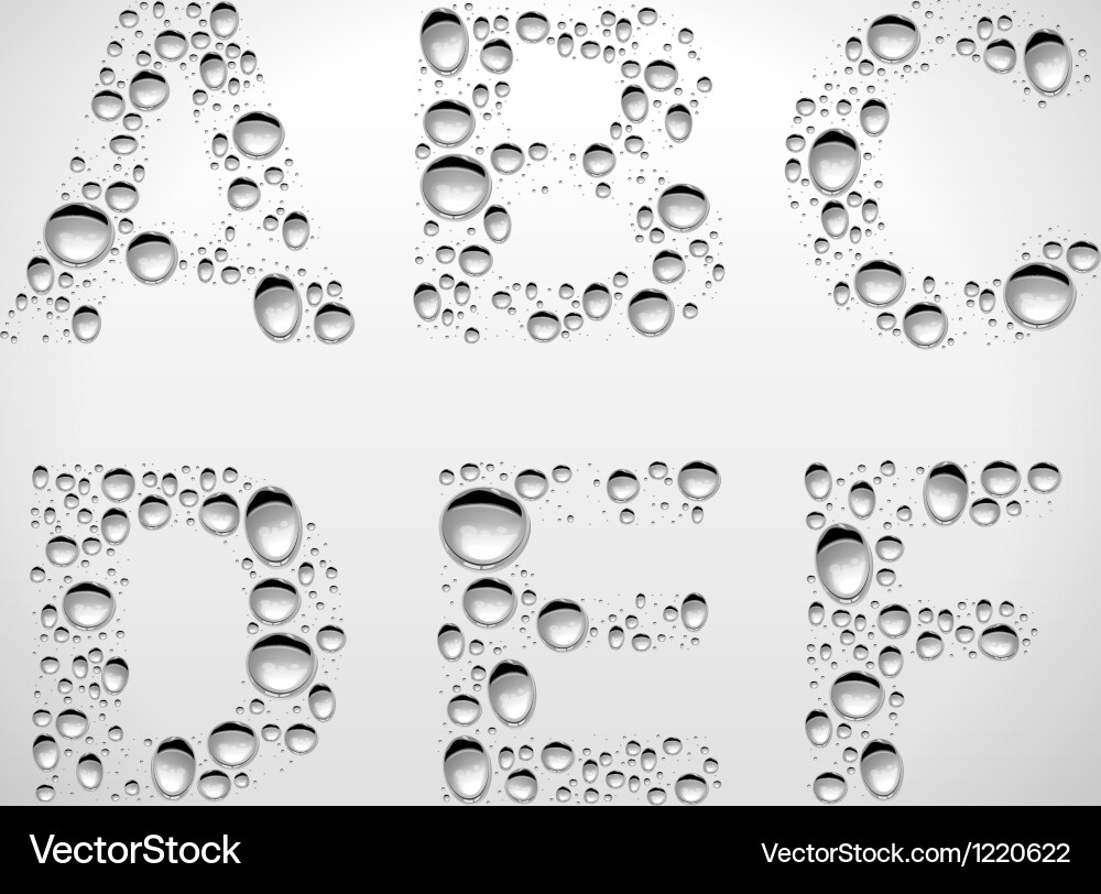 Realistic water drops font from a to f Royalty Free Vector