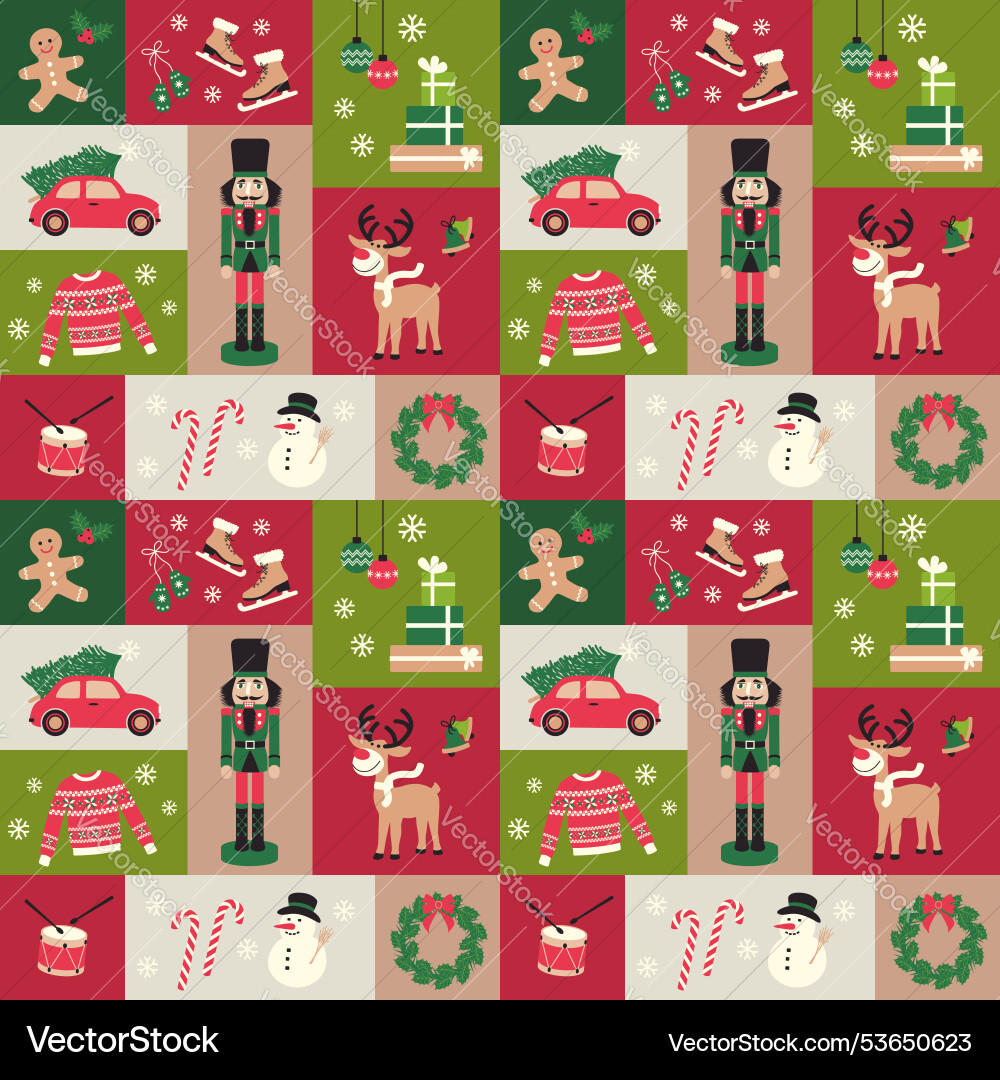 Retro christmas icons quilt checker pattern Vector Image