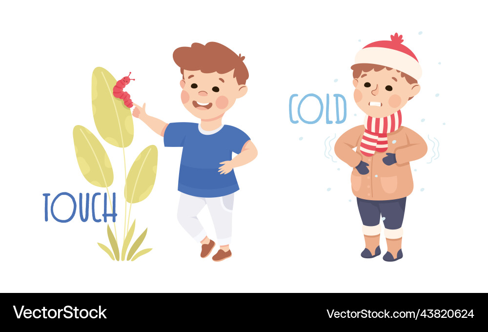 Little boy showing sense touching worm creeping Vector Image