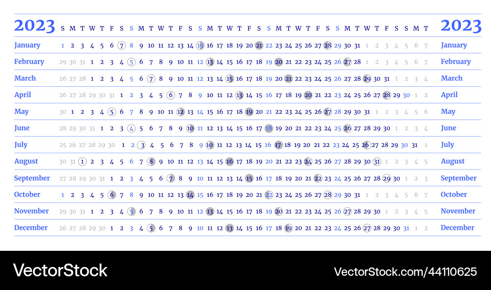 Blue linear calendar template for 2023 with moon Vector Image