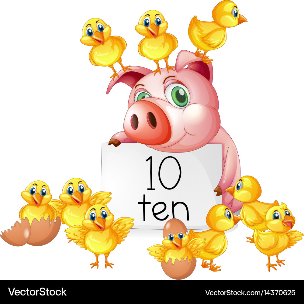 Counting number ten with pig and chicks Royalty Free Vector