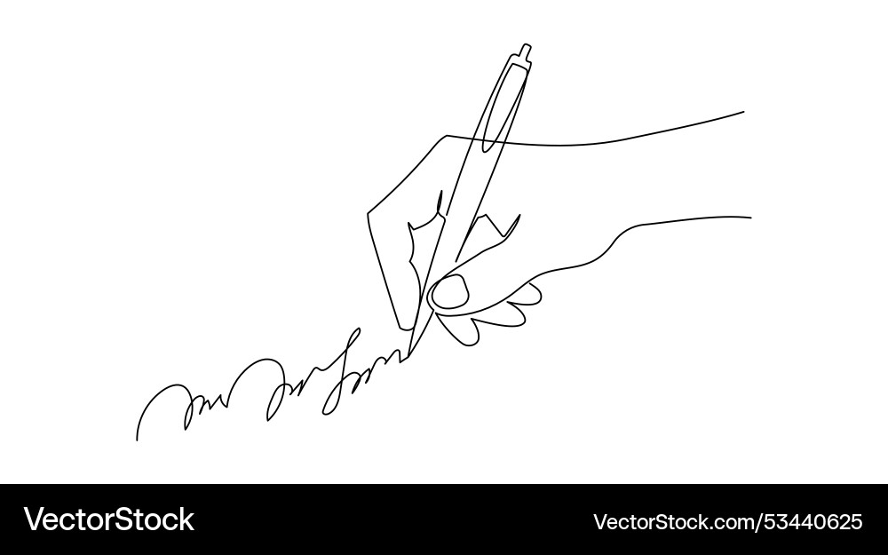 Hand holding pen and writing in one continuous Vector Image