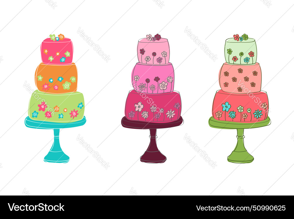 Three different colored cakes stacked Royalty Free Vector