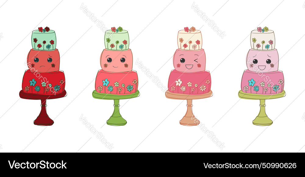 Four cakes with hand-drawn faces Royalty Free Vector Image