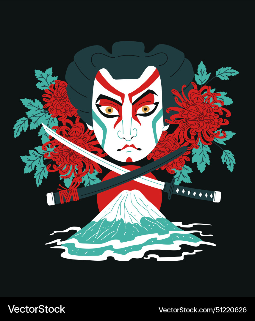 Kabuki warrior mask and floral design Royalty Free Vector