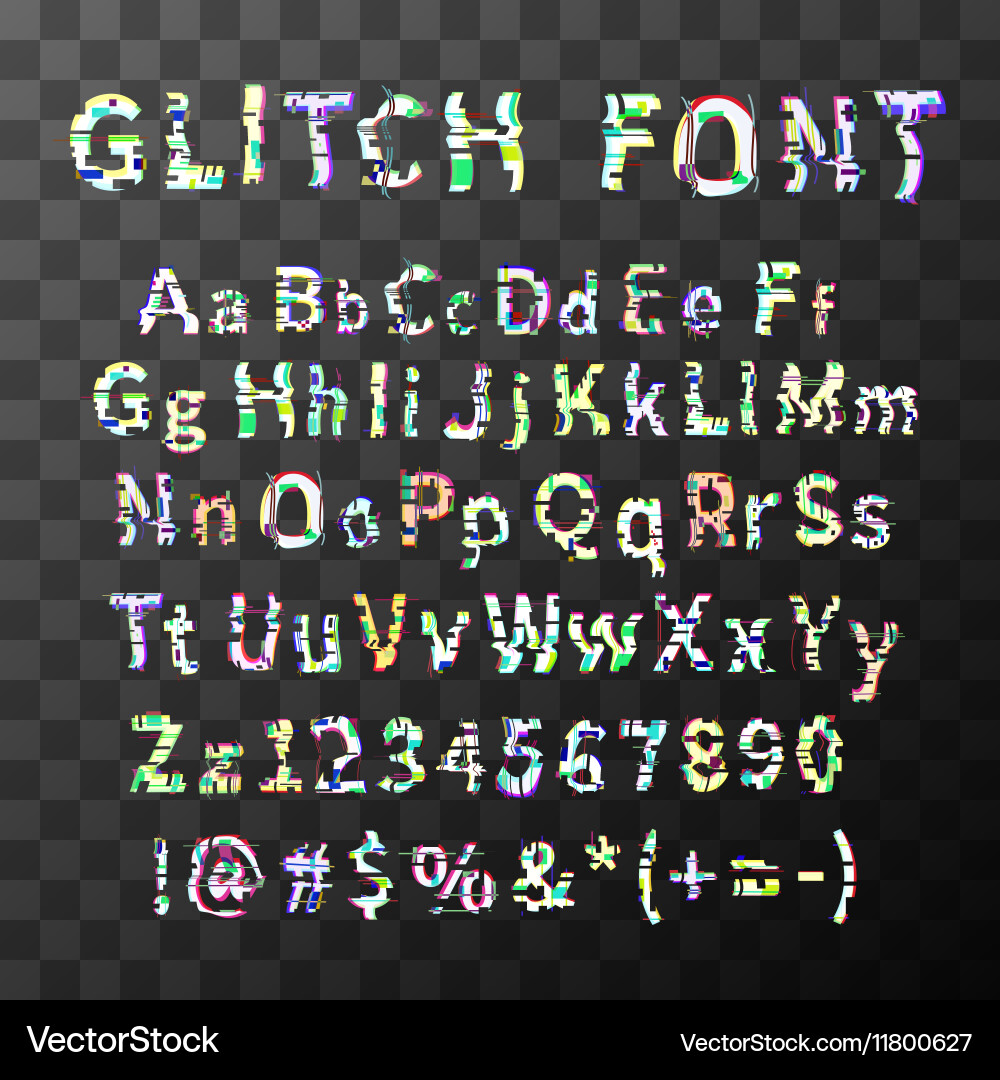 Glitch Verzerrung Schriftart latin Buchstaben und Zahlen