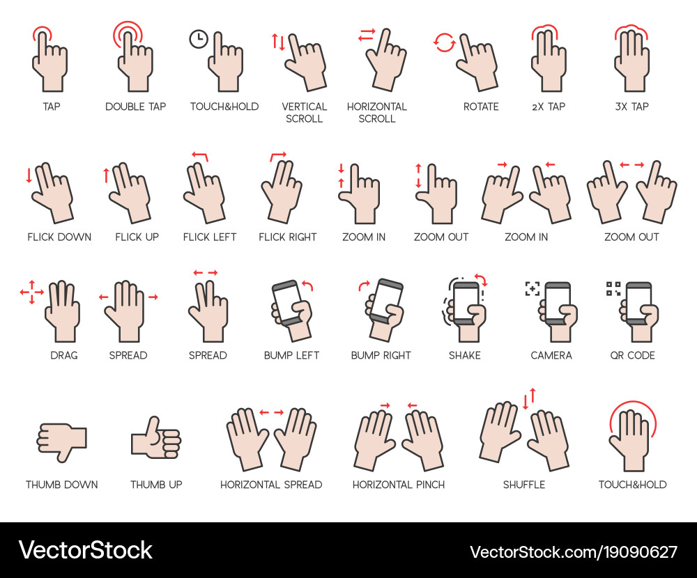 Hand gestures icons set with name Royalty Free Vector Image Hand gestures icons set with name Royalty Free Vector Image