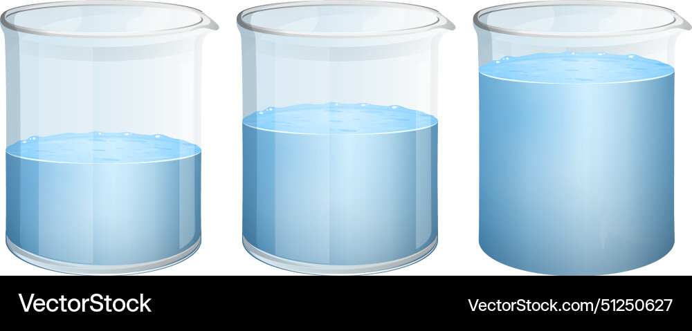 Three beakers showing increasing water levels Vector Image