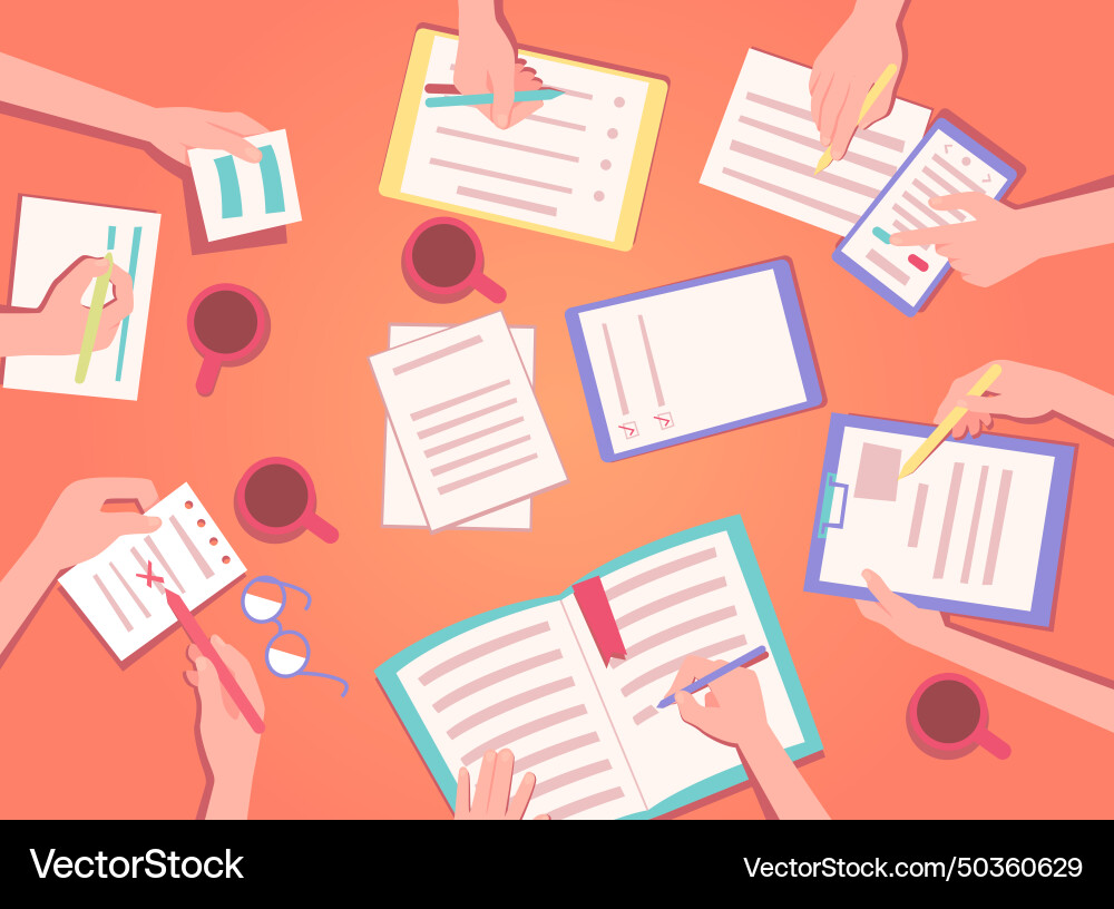 Team working business table top view with hands Vector Image