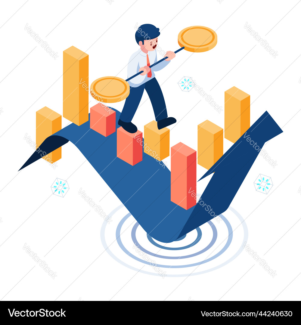 Isometric businessman balancing on financial Vector Image