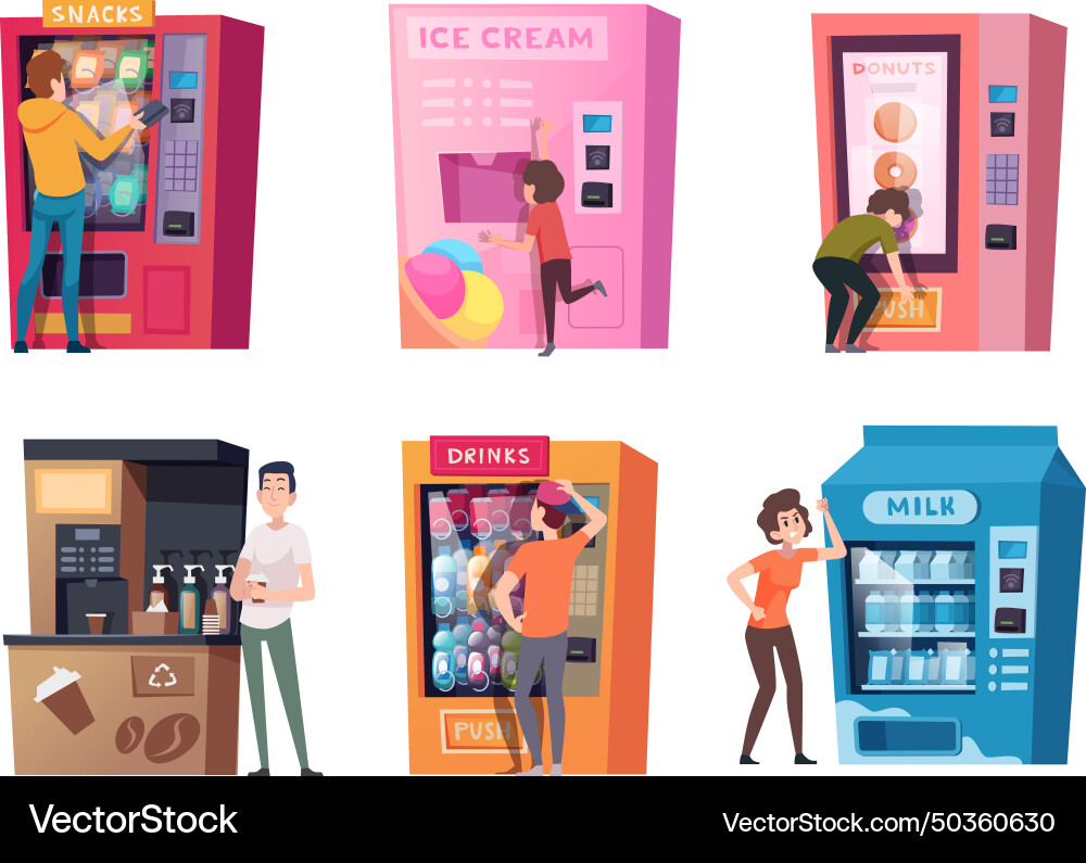 People Buying Snacks from Vending Machines Vector Image