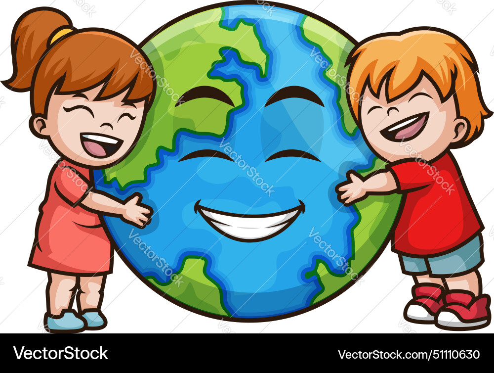 Two children hugging our planet earth cartoon Vector Image