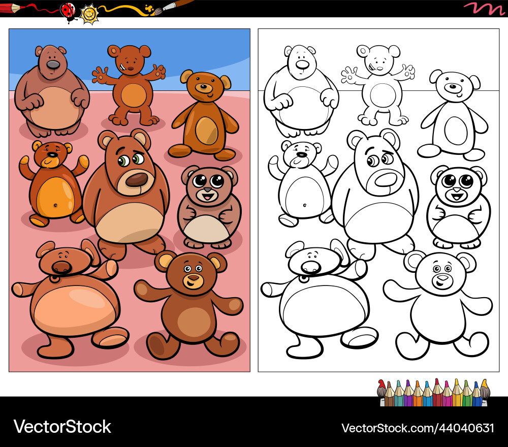 Cute cartoon teddy bears characters coloring page Vector Image