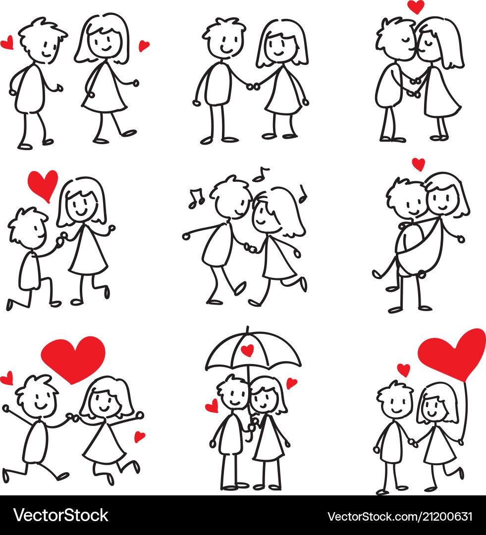 Romantic Stick Figure Couple Doodle Royalty Free Vector