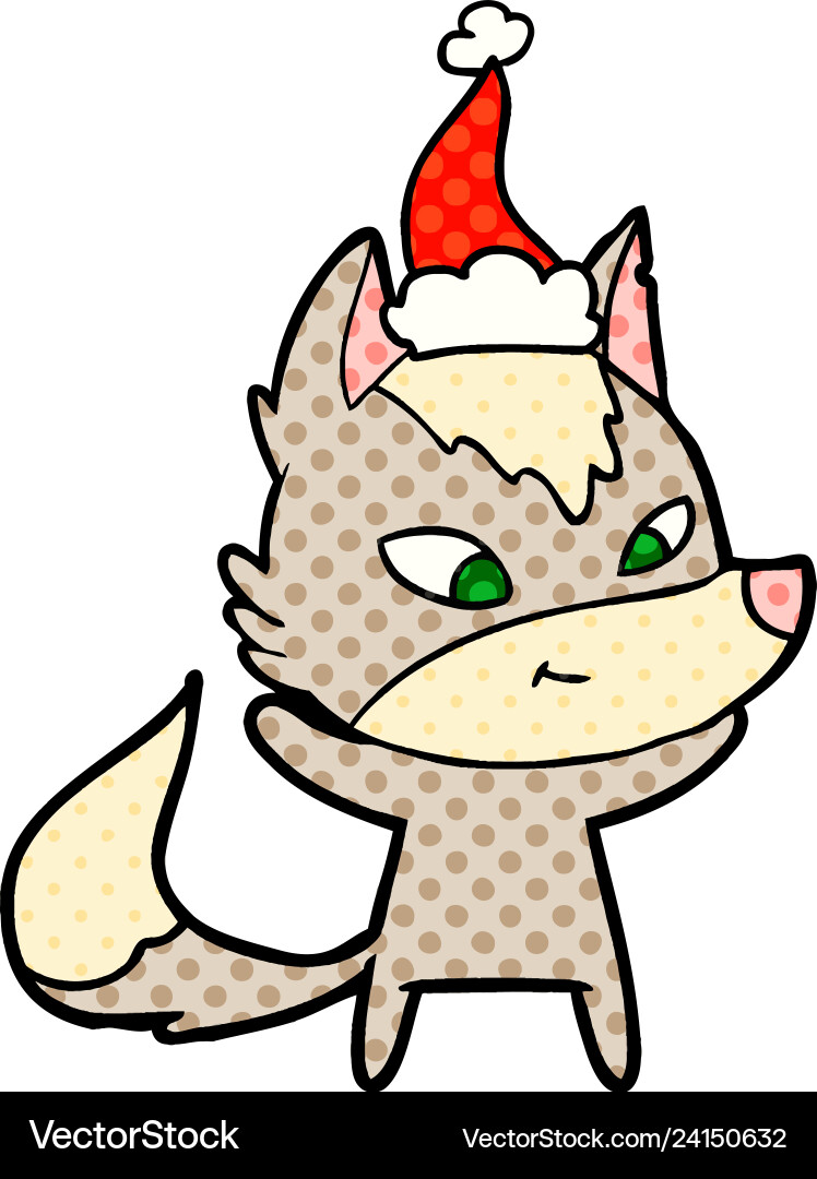 Friendly comic book style of a wolf wearing santa Vector Image