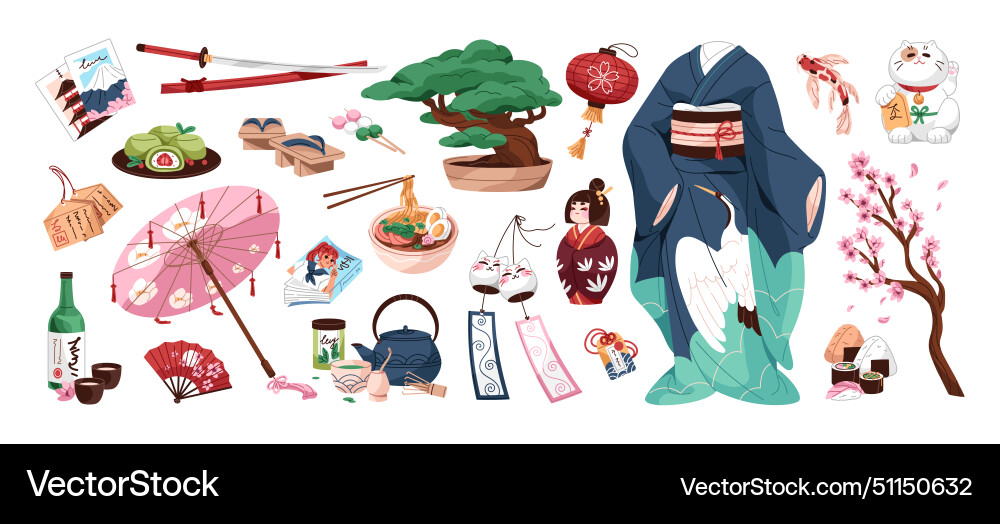 Traditional japanese items set touristic Vector Image