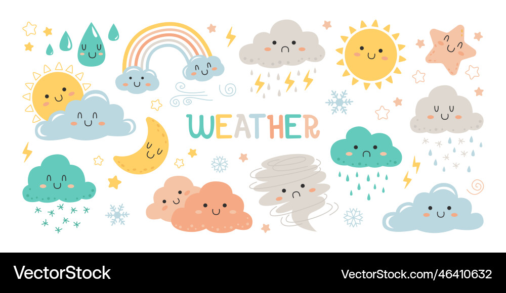 Weather characters design elements cute sad Vector Image