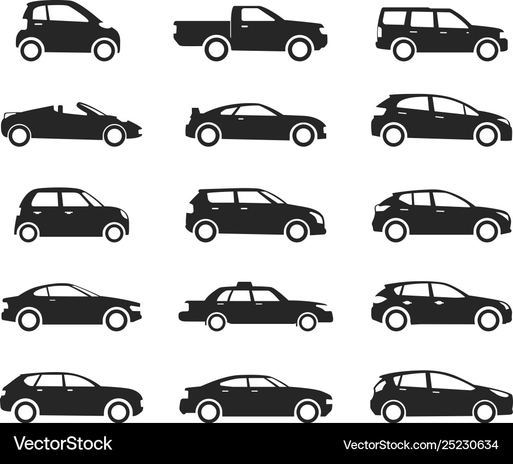 Car icon side view set black silhouette Royalty Free Vector