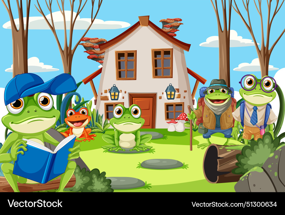 Frogs gathered around a cozy house Royalty Free Vector Image