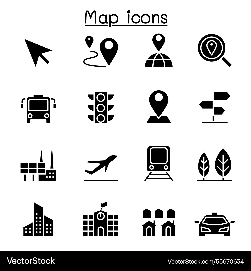 Maps and symbol icon set in glyph style Royalty Free Vector