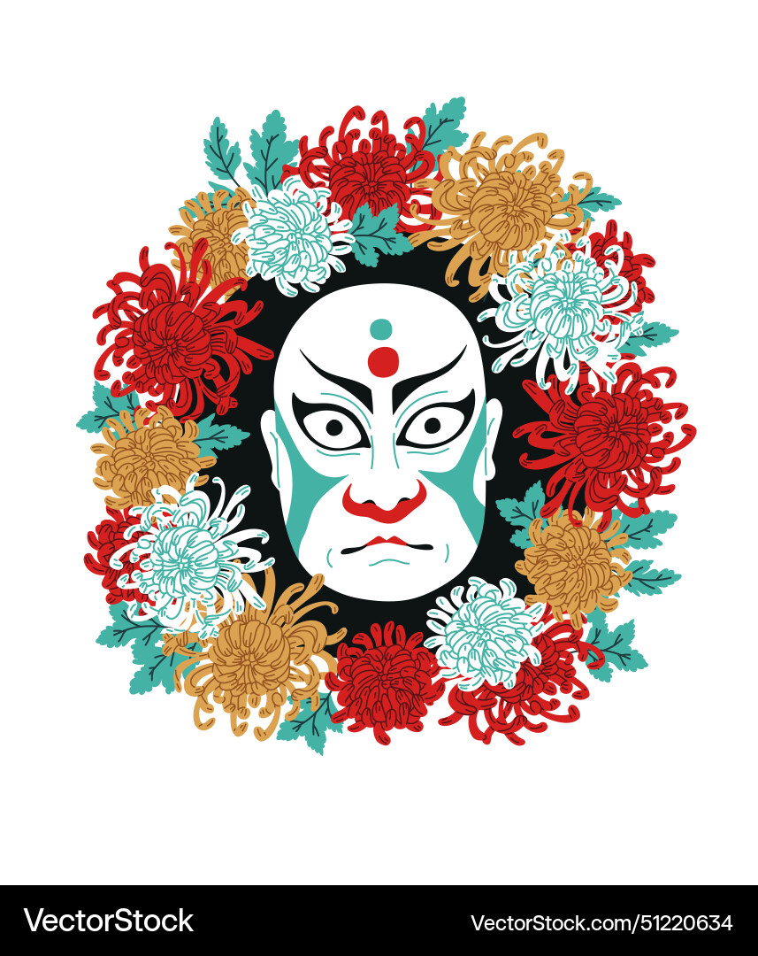 Traditional kabuki mask with floral wreath Vector Image