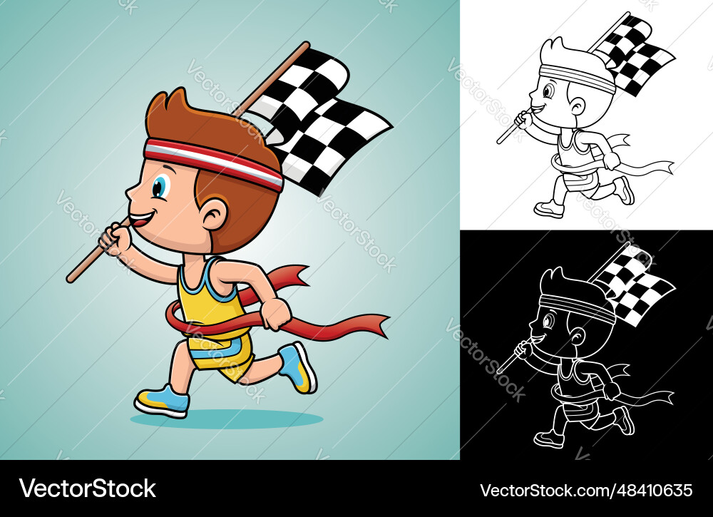 A boy with checkered flag winning running race Vector Image