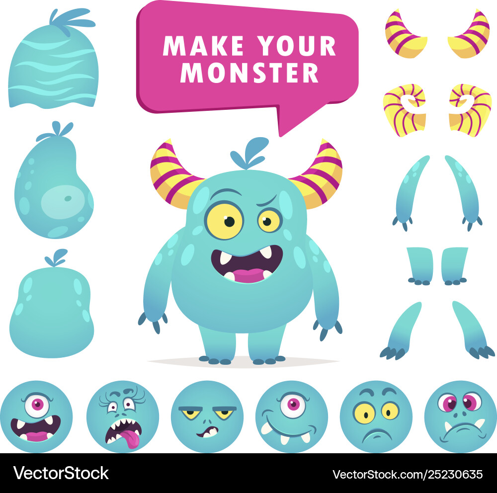 Cartoon monster creation kit cute face set Vector Image