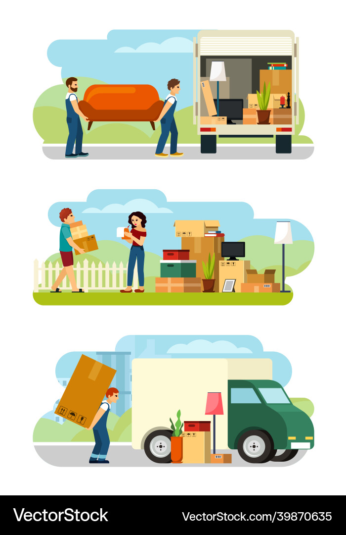 Moving and loading things set movers carry sofa Vector Image