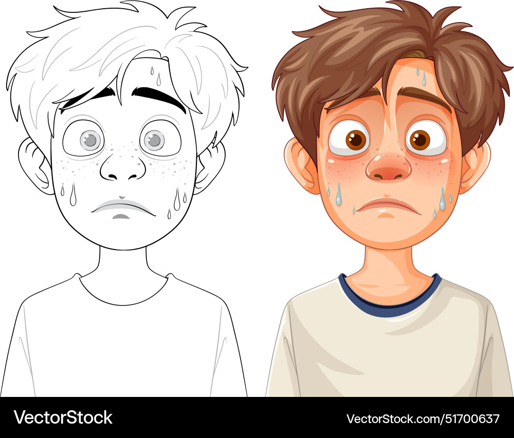 A boy with a worried expression and sweat drops Vector Image