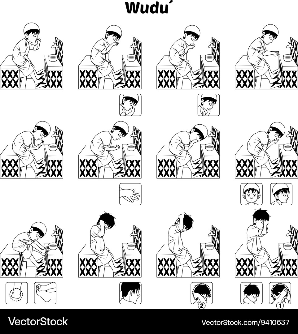 Complete set of muslim ablution guide outline Vector Image