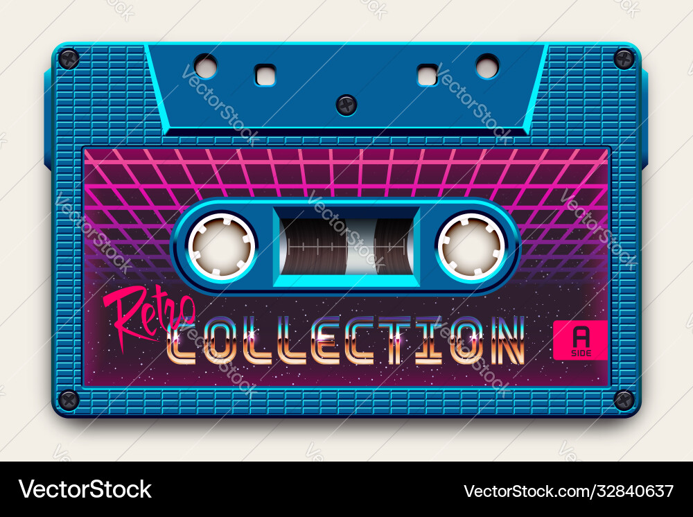 Realistic bright blue audio cassette retro Vector Image