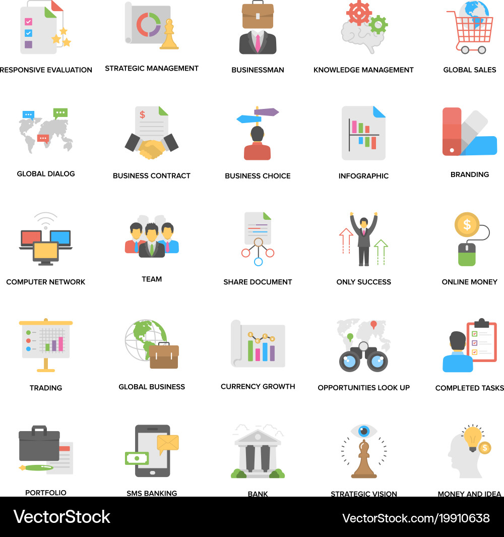 Business Management Flat Icons Set Royalty Free Vector Image