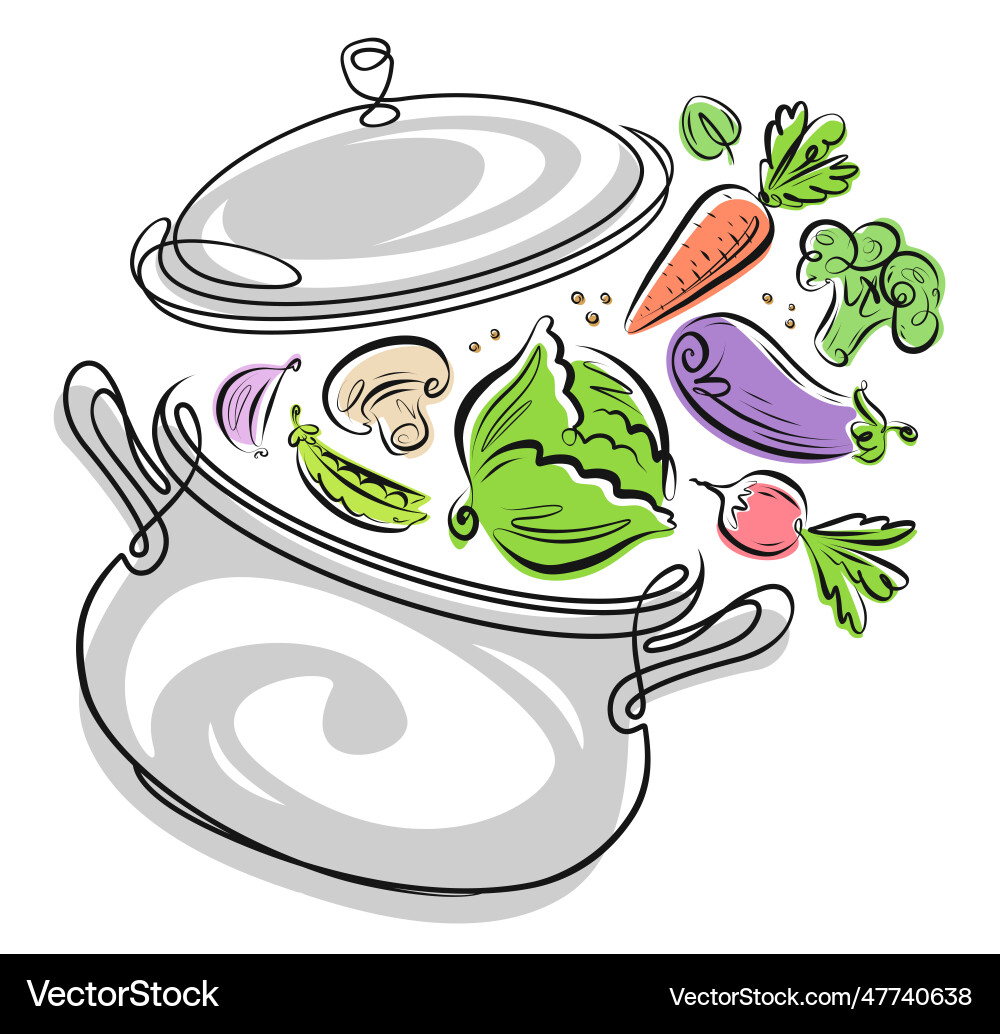 Fresh farm vegetables and kitchen pot cooking Vector Image
