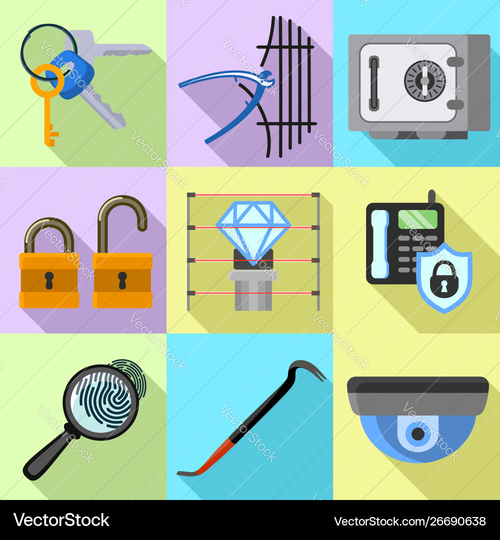 Museum security icon set flat style Royalty Free Vector