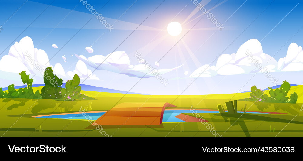 Summer landscape with lawn and bridge over pond Vector Image
