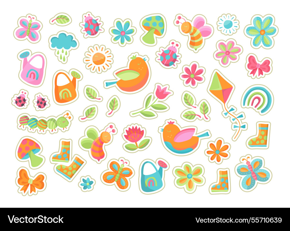 Colorful cute spring stickers with outline strokes
