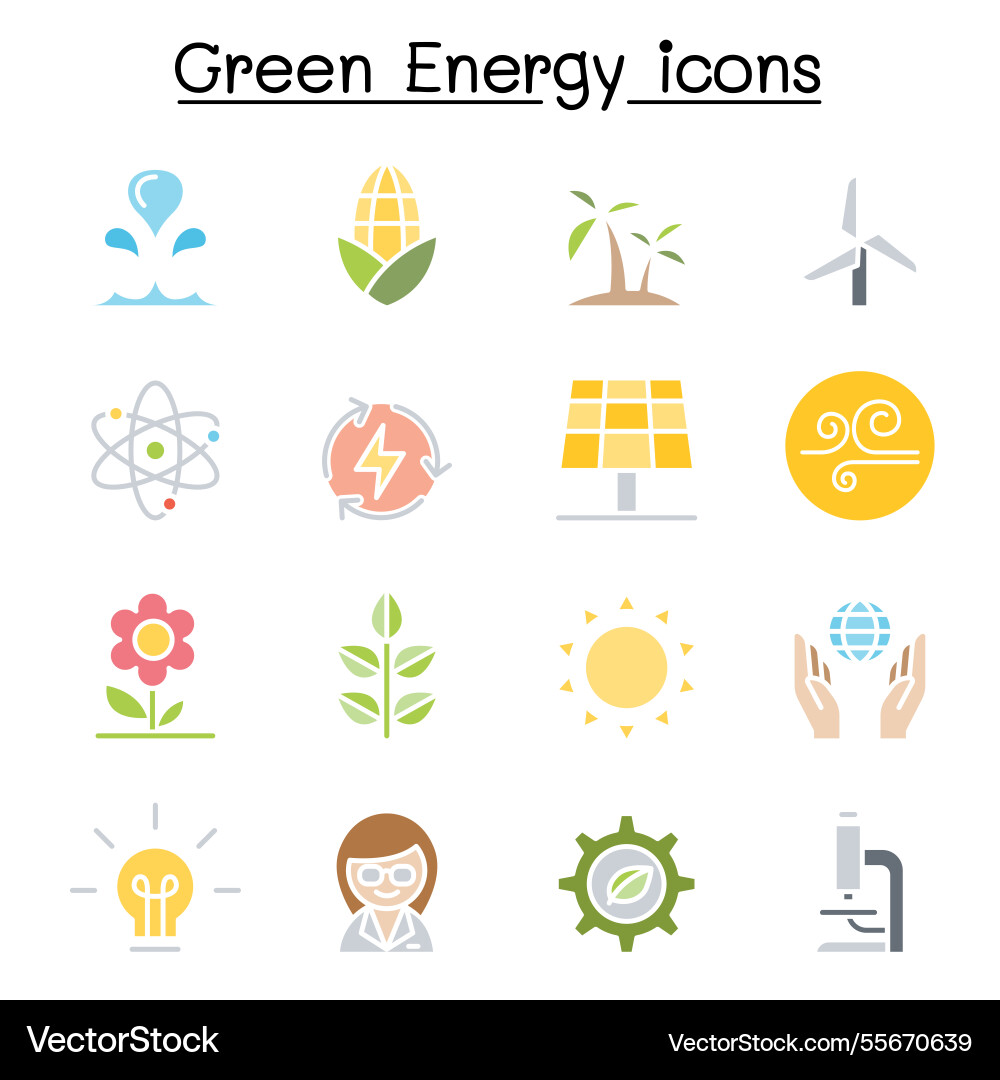 Green energy icon set in flat color style Vector Image