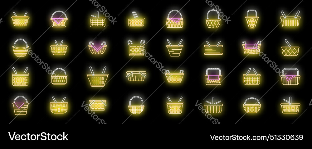 Picnic basket icons set neon Royalty Free Vector Image