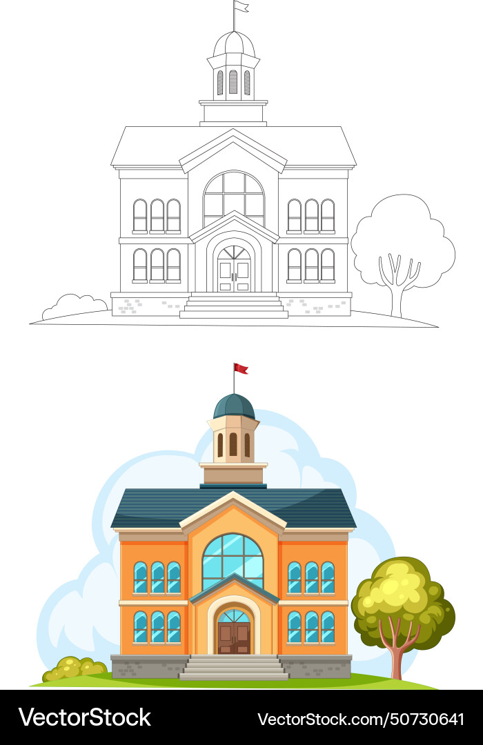 A school building in color and outline Royalty Free Vector