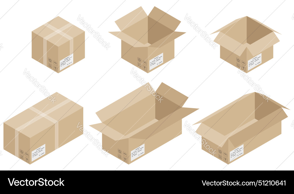 Isometric delivery carton box set Royalty Free Vector Image