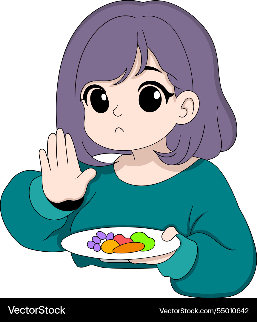 Cartoon woman refusing food symbolizing Royalty Free Vector