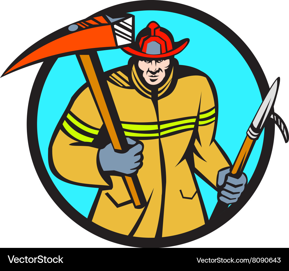 Fireman firefighter fire axe hook circle retro Vector Image