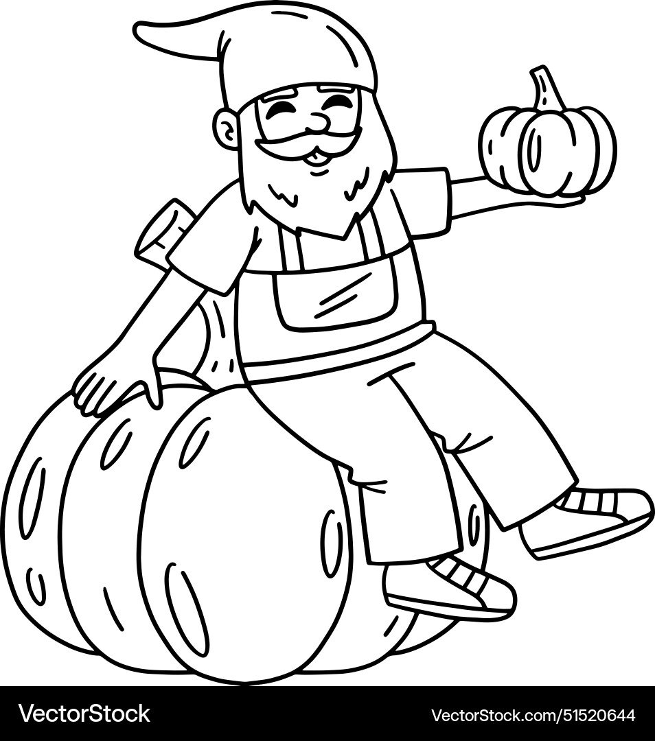 Gnome sitting on a pumpkin isolated coloring page Vector Image