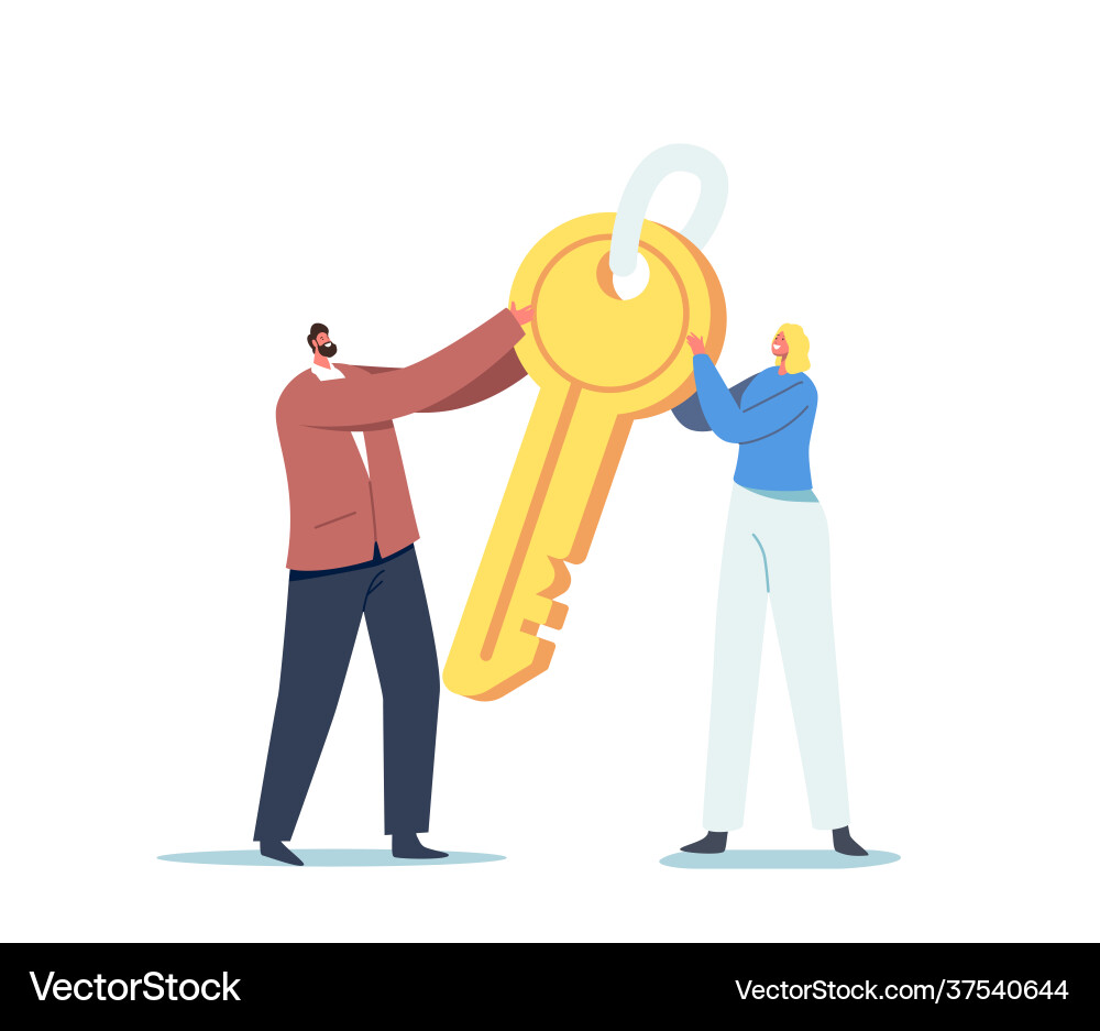 Tiny male and female characters holding huge Vector Image