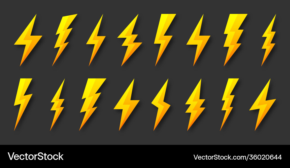 Yellow lightning bolt icons collection flash Vector Image